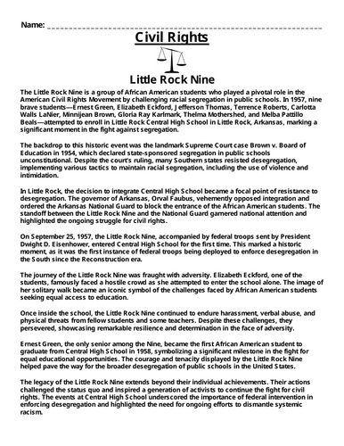 Civil Rights: Little Rock Nine “Article & Questions” Assignment ...