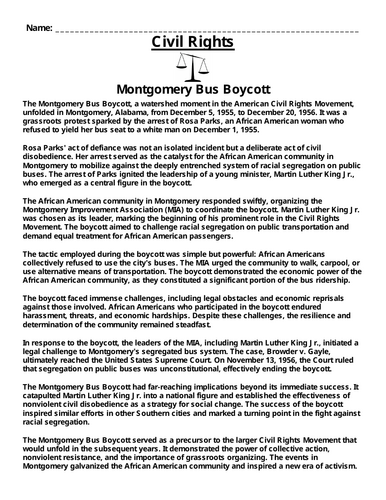 Civil Rights: Montgomery Bus Boycott “Article & Questions” Assignment ...