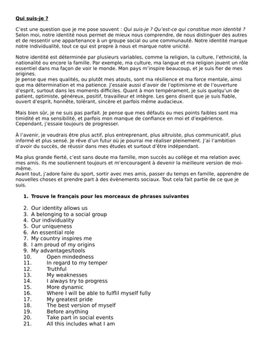 1. IB DP French B: Identité - Qui suis-je ? | Teaching Resources