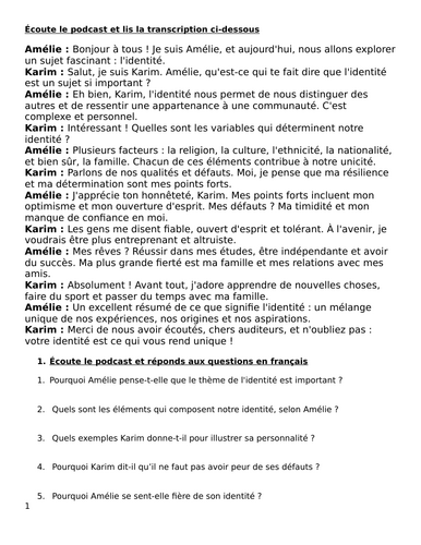 1. IB DP French B: Identité - Qui suis-je ? | Teaching Resources