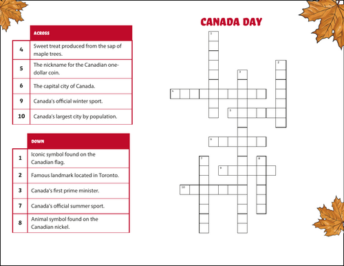 Canada Day Crossword Puzzle Activity - Elementary Social Studies ...