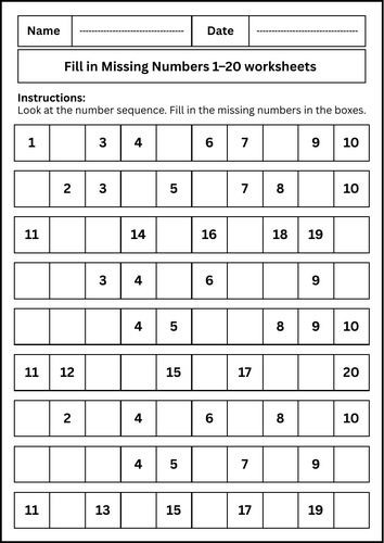 Fill in Missing Numbers 1–20 | KS1 Number Sequencing Worksheets ...