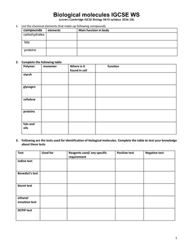 Biological molecules : IGCSE WS & answers | Teaching Resources
