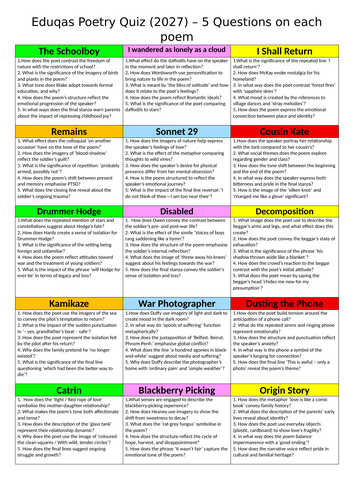Eduqas Poetry 2027 Quick Quiz on each poem with answer sheet | Teaching ...