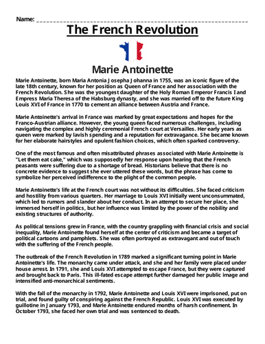 French Revolution: Marie Antoinette “Article & Questions” Assignment ...