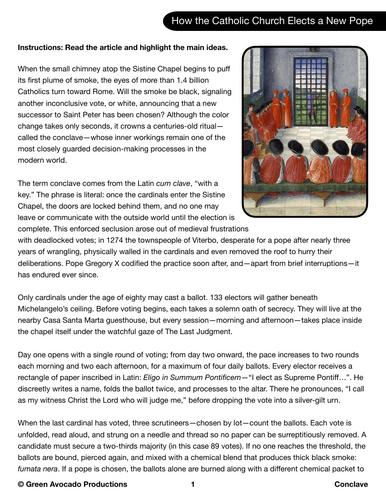Reading Skills Worksheet: How the Catholic Church Elects a New Pope ...