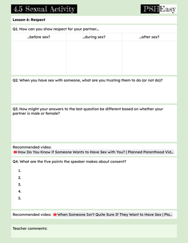4.5.6 Respectful Sex Lesson Pack | Teaching Resources