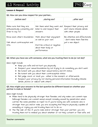 4.5.6 Respectful Sex Lesson Pack | Teaching Resources