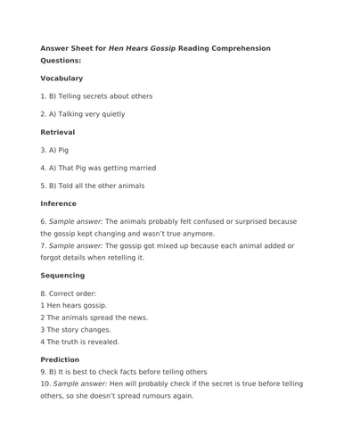 Hen Hears Gossip – PIRA-Style Reading Comprehension Activity (KS1/Lower ...