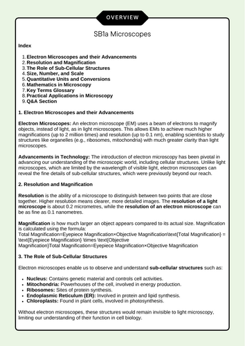 SB1a Microscopes – GCSE Biology Topic Sheet | Teaching Resources