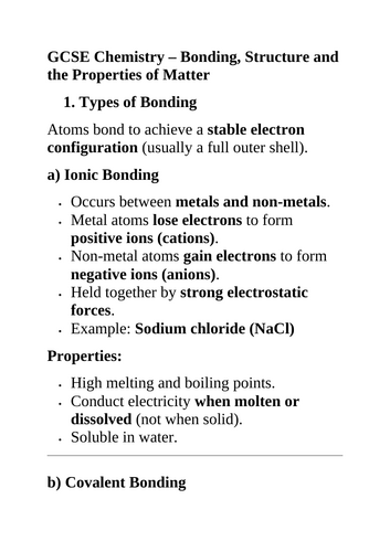 AQA - GCSE CHEMISTRY BONDING, STRUCTURE AND PROPERTIES OF MATTER ...