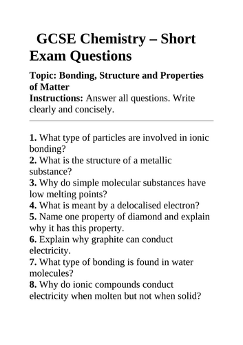 AQA - GCSE CHEMISTRY BONDING, STRUCTURE AND PROPERTIES OF MATTER ...