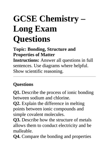 WJEC - GCSE CHEMISTRY BONDING, STRUCTURE AND PROPERTIES OF MATTER ...