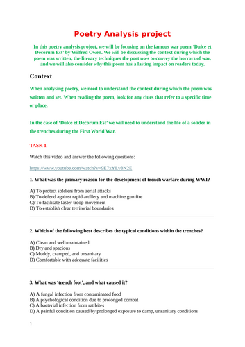 Poetry Analysis Workbook - Dulce et Decorum Est | Teaching Resources