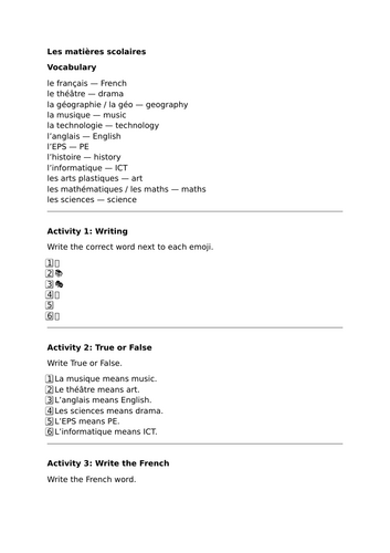 Les matières scolaires / School subjects | Teaching Resources