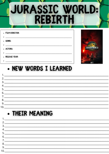 ESL Movie Guide Worksheets on "Jurassic World: Rebirth" | Teaching ...