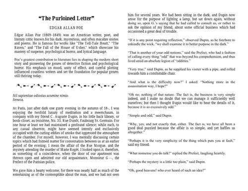 The Purloined Letter by Edgar Allan Poe with Reading Comprehension ...