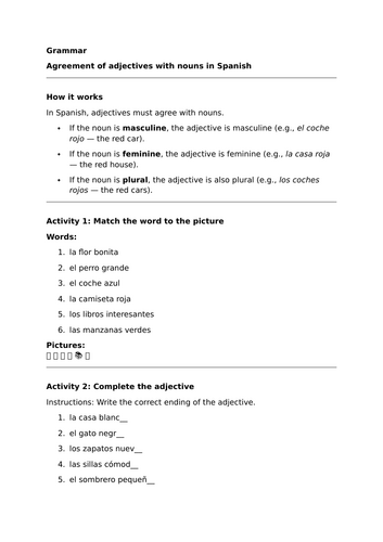 Agreement of Adjectives with Nouns | Teaching Resources