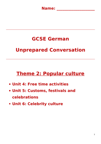 New GCSE German (2024) - AQA - Unprepared Conversation Speaking Booklet ...