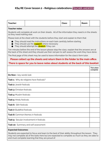 RE Cover lesson KS3 & KS4 -standalone lesson on religious celebrations ...