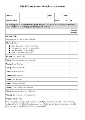 RE Cover lesson KS3 & KS4 -standalone lesson on religious celebrations ...