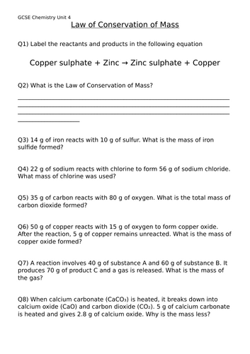 GCSE Chemistry - Balancing Equations & Conservation of Mass | Teaching ...