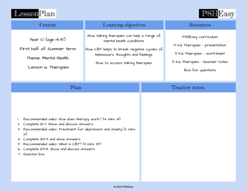 5.4.6 Mental Health Therapies Lesson Pack | Teaching Resources