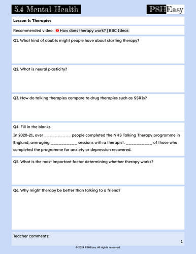 5.4.6 Mental Health Therapies Lesson Pack | Teaching Resources