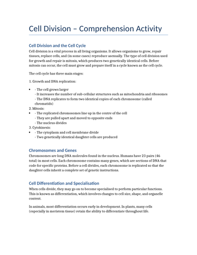GCSE Cell Division Comprehension Activity | Teaching Resources