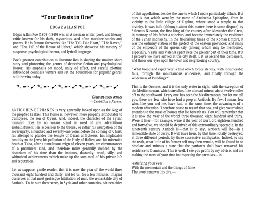 Four Beasts in One by Edgar Allan Poe with Reading Comprehension ...