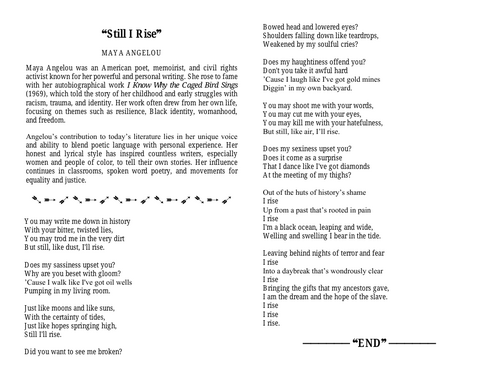 Still I Rise by Maya Angelou with Reading Comprehension Questions ...