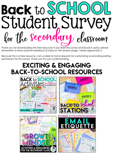 Back to School Student Survey - All About Me Survey for Middle and High ...