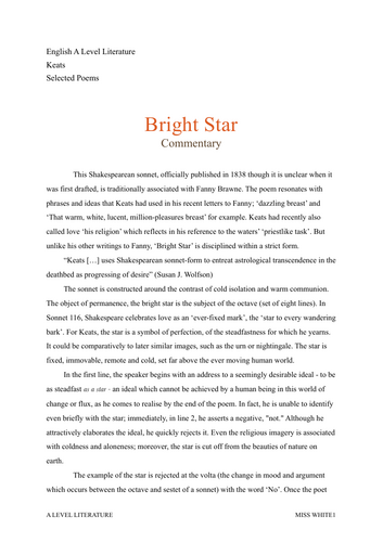 John Keats - Bright Star | Teaching Resources