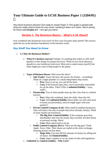 OCR GCSE Business Paper1 Revision Guide Student Friendly | Teaching ...