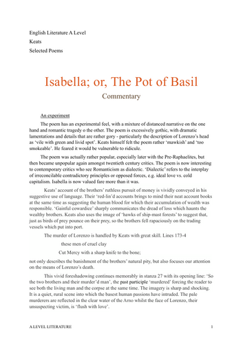 John Keats - Isabella or The Pot of Basil | Teaching Resources