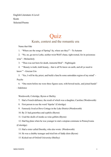 John Keats - Quiz on Keats, context and the Romantic era | Teaching ...