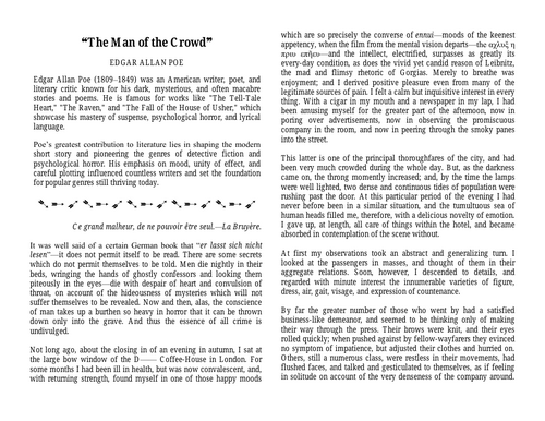 The Man of the Crowd by Edgar Allan Poe with Reading Comprehension ...