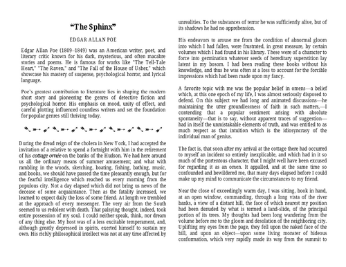 The Sphinx by Edgar Allan Poe with Reading Comprehension Questions ...