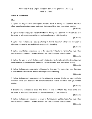 All Edexcel A-level English literature past paper questions (2017–23 ...