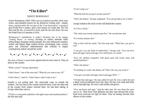 The Killers by Ernest Hemingway with Reading Comprehension Questions ...
