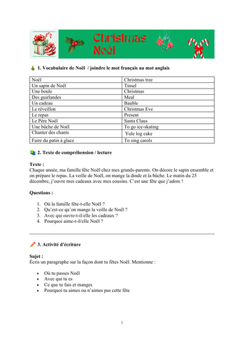 French Christmas / Noël Vocabulary & Revision Worksheet | Teaching ...