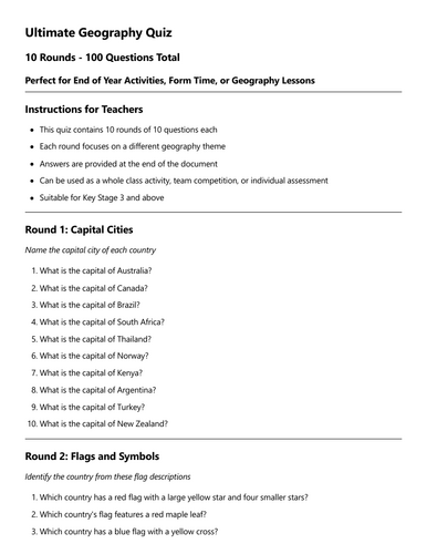 Ultimate Geography Quiz 10 Rounds - 100 Questions Total | Teaching ...