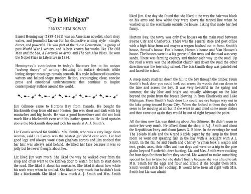 Up in Michigan by Ernest Hemingway with Reading Comprehension Questions ...
