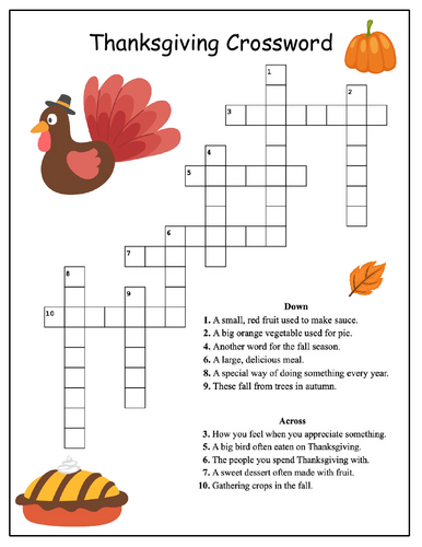 Thanksgiving Crossword, Printable Worksheet Thanksgiving Activity for ...