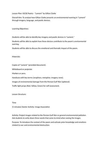 Lament - Cambridge Songs of Ourselves - Gillian Clarke | Teaching Resources