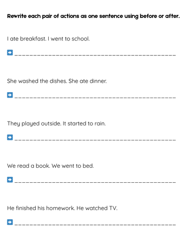 Before and After Sentences Worksheet | Teaching Resources