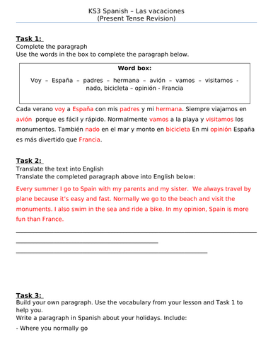 KS3 Spanish Lesson 5 – Holidays Present Tense Revision | Las vacaciones ...