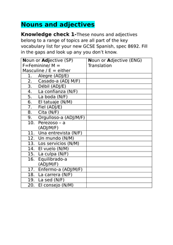 New Spanish GCSE (8692) Nouns and adjectives | Teaching Resources