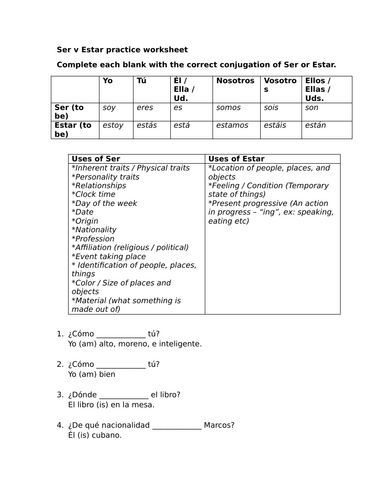 Ser v Estar practice worksheet | Teaching Resources