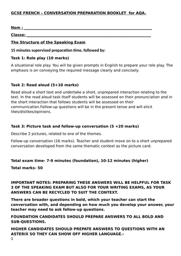 New GCSE French speaking (first teaching 2024)- Conversation questions ...